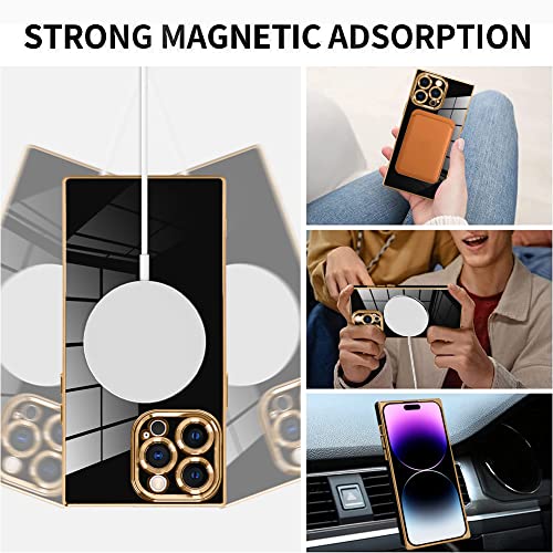 LSL Magnetic Case for iPhone 14 Pro Max [Compatible with MagSafe] Soft TPU Bumper Anti-Drop Anti-Scratch Shock Absorption Slim Cover Luxury Plating Full Camera Lens Protective Square Case - Black