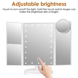 LeeWent Makeup Mirror Vanity Mirror with Lights, Bathroom Adjustable Brightness Mirrors 1X/2X/3X/10X Magnification and Touch Screen Trifold Makeup Mirror Two Power Supply Modes Women Gift White