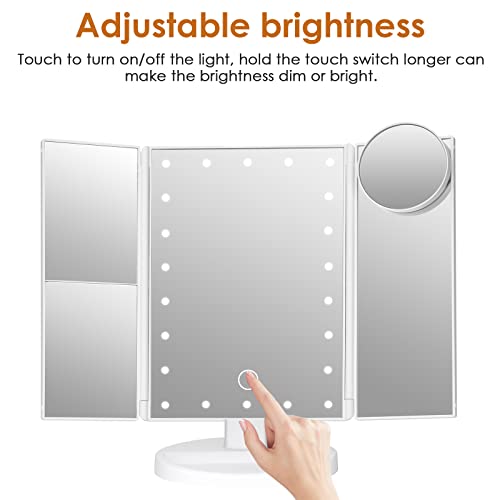 LeeWent Makeup Mirror Vanity Mirror with Lights, Bathroom Adjustable Brightness Mirrors 1X/2X/3X/10X Magnification and Touch Screen Trifold Makeup Mirror Two Power Supply Modes Women Gift White