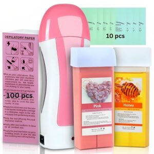 roll on wax, honey and rose wax roller, portable pink, roll on wax kit for hair removal, roll on wax kit for all skin type, roll on waxing kit with 10 wipes for pre-waxing and post-waxing care treatm