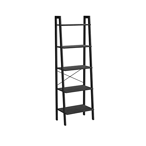 VASAGLE Ladder Shelf, 5-Tier Bookshelf, Storage Rack, Bookcase with Steel Frame, for Living Room Home Office, Kitchen, Bedroom, Industrial Style, Ebony Black + Black