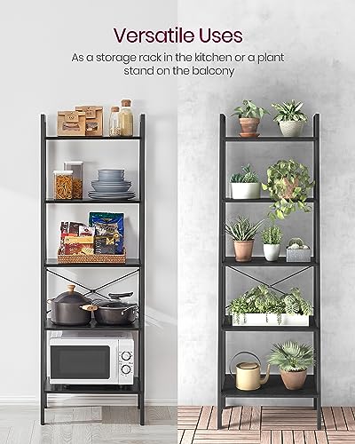 VASAGLE Ladder Shelf, 5-Tier Bookshelf, Storage Rack, Bookcase with Steel Frame, for Living Room Home Office, Kitchen, Bedroom, Industrial Style, Ebony Black + Black