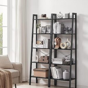 VASAGLE Ladder Shelf, 5-Tier Bookshelf, Storage Rack, Bookcase with Steel Frame, for Living Room Home Office, Kitchen, Bedroom, Industrial Style, Ebony Black + Black