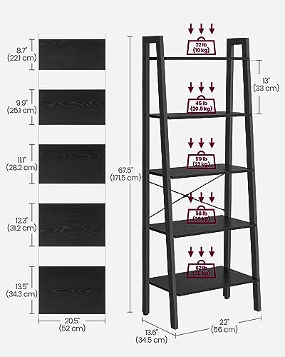 VASAGLE Ladder Shelf, 5-Tier Bookshelf, Storage Rack, Bookcase with Steel Frame, for Living Room Home Office, Kitchen, Bedroom, Industrial Style, Ebony Black + Black