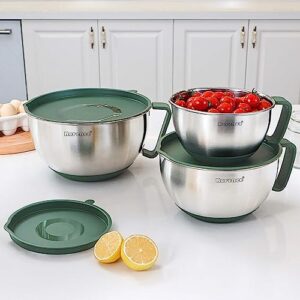 Rorence Mixing Bowls Set: Stainless Steel Non-Slip Bowls with Pour Spout, Handle and Lid - Set of 3 - Green