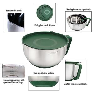 Rorence Mixing Bowls Set: Stainless Steel Non-Slip Bowls with Pour Spout, Handle and Lid - Set of 3 - Green