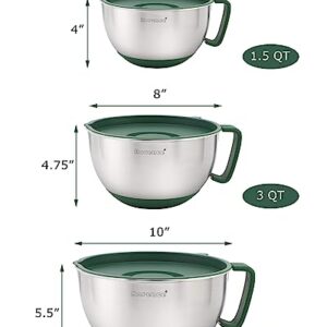 Rorence Mixing Bowls Set: Stainless Steel Non-Slip Bowls with Pour Spout, Handle and Lid - Set of 3 - Green