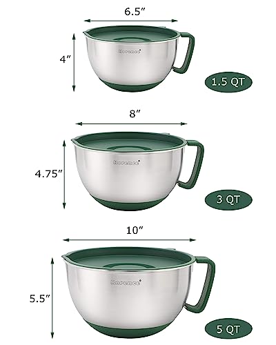 Rorence Mixing Bowls Set: Stainless Steel Non-Slip Bowls with Pour Spout, Handle and Lid - Set of 3 - Green