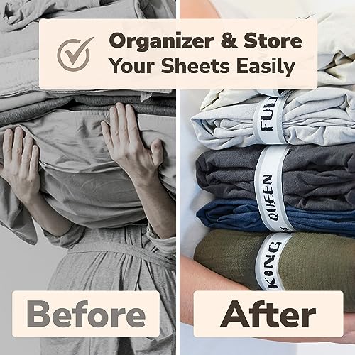 ECOHomes Bed Sheet Organizer and Storage Label Bands | Sheets Set Organizers for Linen Closet - Elastic Bedding Sheet Keepers Straps for Foldable Bedsheet, Pillow Case, Duvet (King 4PCs Pack | White)