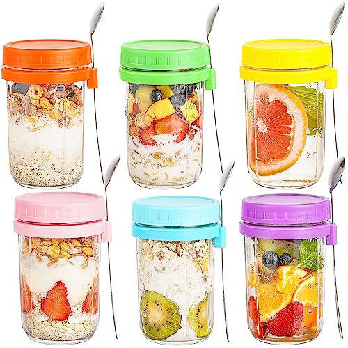 wookgreat Overnight Oats Jars, Overnight Oats Container with Leakproof Lid and Spoon Set of 6, 16 Oz Glass Mason Jars, Large Capacity Wide Mouth Jars with Measure Marks for Cereal Milkshake Meal Prep