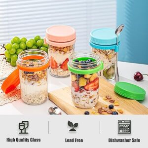 wookgreat Overnight Oats Jars, Overnight Oats Container with Leakproof Lid and Spoon Set of 6, 16 Oz Glass Mason Jars, Large Capacity Wide Mouth Jars with Measure Marks for Cereal Milkshake Meal Prep