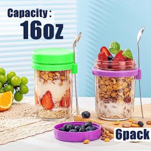 wookgreat Overnight Oats Jars, Overnight Oats Container with Leakproof Lid and Spoon Set of 6, 16 Oz Glass Mason Jars, Large Capacity Wide Mouth Jars with Measure Marks for Cereal Milkshake Meal Prep