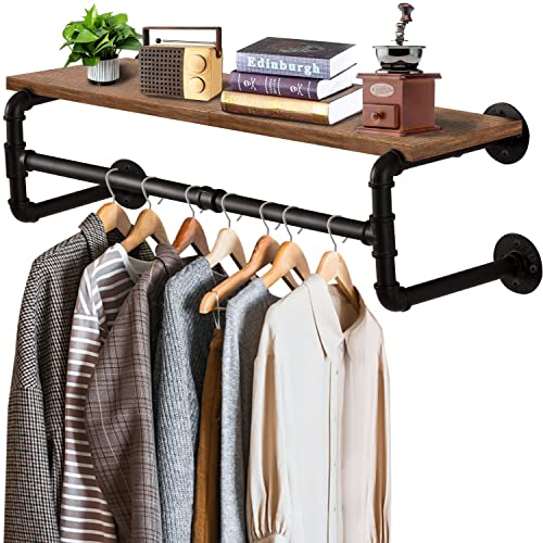 Yawinhe Industrial Pipe Clothes Rack with Top Shelf, 27.5in Wall Mounted Garment Rack,Space Saving Hanger With 4 Bases,Multi-Purpose Hanging Rod for Shops, Homes, and Closets