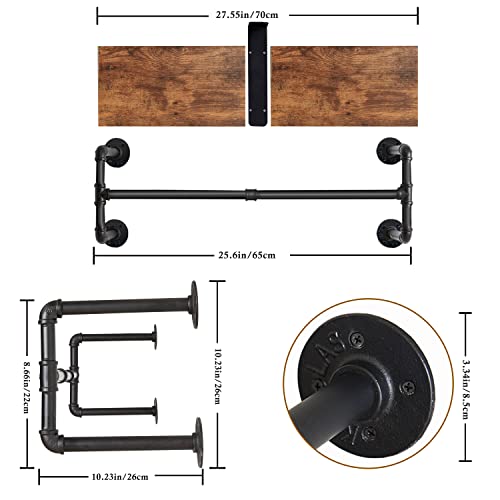 Yawinhe Industrial Pipe Clothes Rack with Top Shelf, 27.5in Wall Mounted Garment Rack,Space Saving Hanger With 4 Bases,Multi-Purpose Hanging Rod for Shops, Homes, and Closets