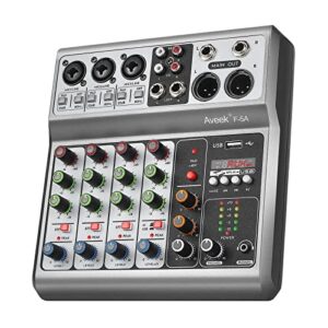 aveek professional audio mixer, sound board mixing console with 5 channel digital usb bluetooth reverb delay effect, input 48v phantom power stereo dj mixers for recording, live streaming, podcasting