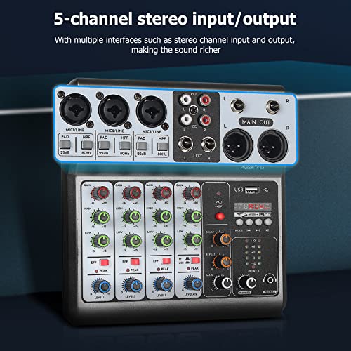 Aveek Professional Audio Mixer, Sound Board Mixing Console with 5 Channel Digital USB Bluetooth Reverb Delay Effect, Input 48V Phantom Power Stereo DJ Mixers for Recording, Live Streaming, Podcasting