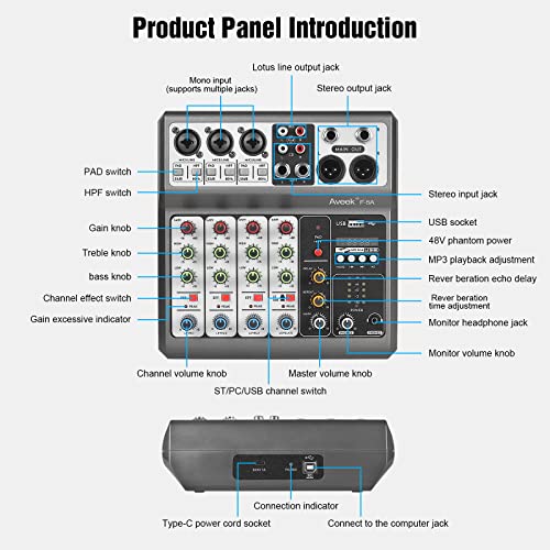 Aveek Professional Audio Mixer, Sound Board Mixing Console with 5 Channel Digital USB Bluetooth Reverb Delay Effect, Input 48V Phantom Power Stereo DJ Mixers for Recording, Live Streaming, Podcasting