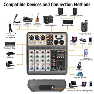 Aveek Professional Audio Mixer, Sound Board Mixing Console with 5 Channel Digital USB Bluetooth Reverb Delay Effect, Input 48V Phantom Power Stereo DJ Mixers for Recording, Live Streaming, Podcasting