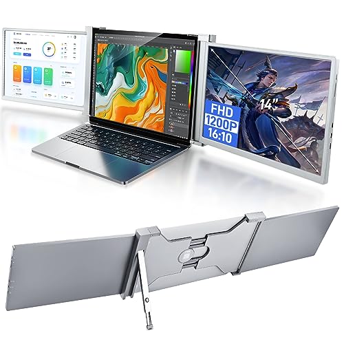 FQQ 14” Triple Laptop Monitor Extender, 1920*1200P FHD IPS Portable Monitor for 15” - 17.3" Laptop, 16:10, Dual Monitor Display for Win/MAC, HDMI/USB-C Plug & Play (Not for Linux Chromebook), S15 Gray