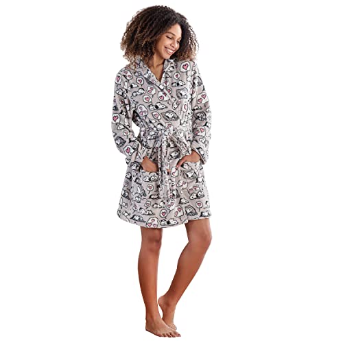 Berkshire Peanuts® Women's Lightweight Short Robes,VelvetLoft® Snoopy Cute Character Bathrobes(Large Peanuts Snoopy Sleeps hearts Grey,Large)