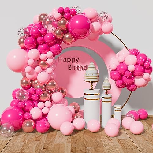 KAWKALSH 142Pcs Pink Balloon Garland Arch Kit, Hot Pink Rose Gold Metallic Confetti Balloons for Women Birthday Princess Theme Bridal Baby Shower Wedding Party Background Decorations