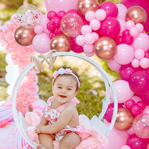 KAWKALSH 142Pcs Pink Balloon Garland Arch Kit, Hot Pink Rose Gold Metallic Confetti Balloons for Women Birthday Princess Theme Bridal Baby Shower Wedding Party Background Decorations