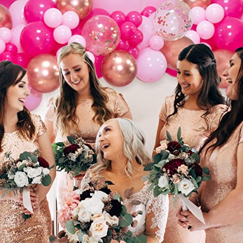 KAWKALSH 142Pcs Pink Balloon Garland Arch Kit, Hot Pink Rose Gold Metallic Confetti Balloons for Women Birthday Princess Theme Bridal Baby Shower Wedding Party Background Decorations