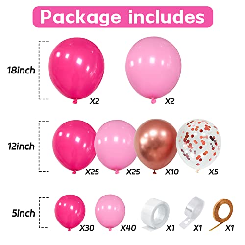 KAWKALSH 142Pcs Pink Balloon Garland Arch Kit, Hot Pink Rose Gold Metallic Confetti Balloons for Women Birthday Princess Theme Bridal Baby Shower Wedding Party Background Decorations