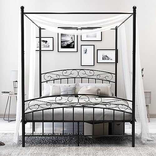 alazyhome Queen Canopy Bed Frame Four-Poster Metal Platform with Headboard and Footboard Sturdy Heavy Duty Steel Slat Support No Box Spring Needed Easy Assembly Black