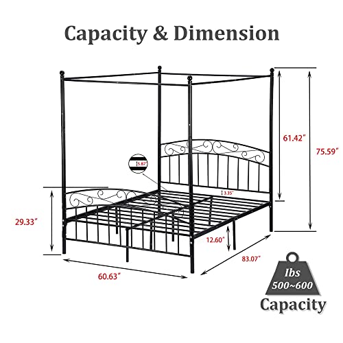 alazyhome Queen Canopy Bed Frame Four-Poster Metal Platform with Headboard and Footboard Sturdy Heavy Duty Steel Slat Support No Box Spring Needed Easy Assembly Black