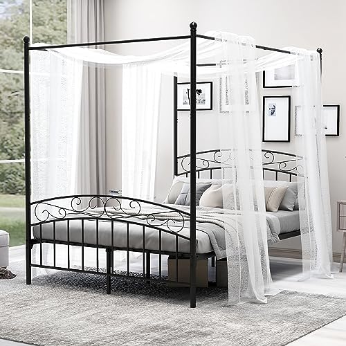 alazyhome Queen Canopy Bed Frame Four-Poster Metal Platform with Headboard and Footboard Sturdy Heavy Duty Steel Slat Support No Box Spring Needed Easy Assembly Black