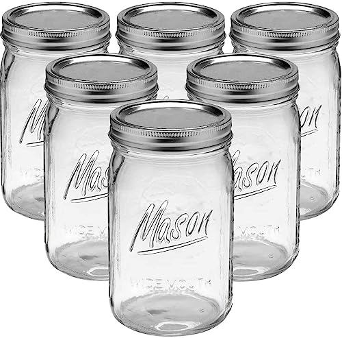 Bedoo 6 Pack 32 oz Mason Jars with Wide Mouth Airtight Lids and Bands, Clear Quart Mason Jars for Preserving, Meal Prep, Overnight Oats, Canning, Fermenting, Pickling, Party Favors