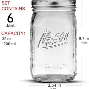 Bedoo 6 Pack 32 oz Mason Jars with Wide Mouth Airtight Lids and Bands, Clear Quart Mason Jars for Preserving, Meal Prep, Overnight Oats, Canning, Fermenting, Pickling, Party Favors