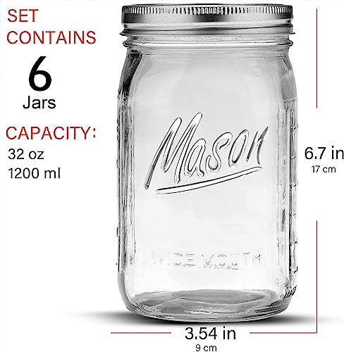 Bedoo 6 Pack 32 oz Mason Jars with Wide Mouth Airtight Lids and Bands, Clear Quart Mason Jars for Preserving, Meal Prep, Overnight Oats, Canning, Fermenting, Pickling, Party Favors