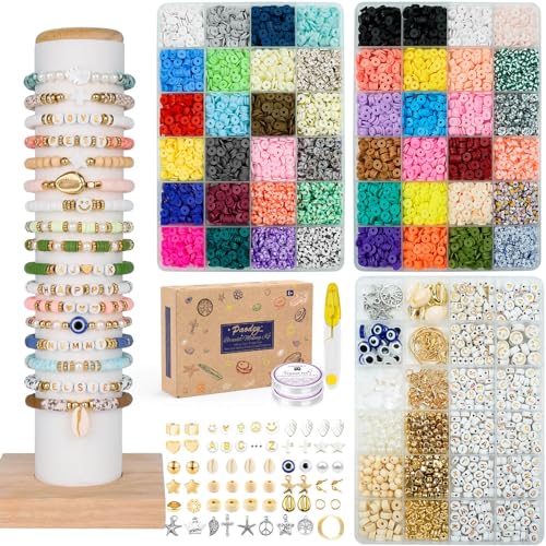 Paodey Bracelet Making Kit, 10,000 Pcs Polymer Clay Beads, 48 Colors Flat Round Beads Jewelry Making Kit Heshi Disc Letter Beads Crafts Gift for Adults (3Boxes)