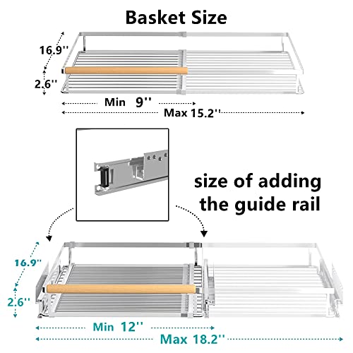 MIYUPTC Expandable Slide Out Cabinet Drawer, Pull Out Wire Basket Cabinet Organizer – Heavy Duty Anti Rust Slide Pull Out Drawers for Kitchen Cabinets, 12''-18.2''W x 16.9''D, 2 Pack