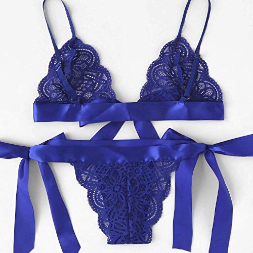 Sexy Lingerie for Women, Lace Lingerie Women, Women's Bodysuit Lengerie Set Bra Underpant Scalloped Trim Tie Side Set Lingerie Bow Babydoll Women's Lingerie Set with Stockings (XL, Blue)