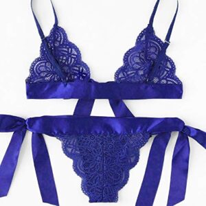 Sexy Lingerie for Women, Lace Lingerie Women, Women's Bodysuit Lengerie Set Bra Underpant Scalloped Trim Tie Side Set Lingerie Bow Babydoll Women's Lingerie Set with Stockings (XL, Blue)