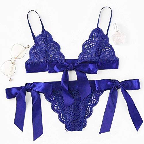 Sexy Lingerie for Women, Lace Lingerie Women, Women's Bodysuit Lengerie Set Bra Underpant Scalloped Trim Tie Side Set Lingerie Bow Babydoll Women's Lingerie Set with Stockings (XL, Blue)