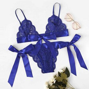 Sexy Lingerie for Women, Lace Lingerie Women, Women's Bodysuit Lengerie Set Bra Underpant Scalloped Trim Tie Side Set Lingerie Bow Babydoll Women's Lingerie Set with Stockings (XL, Blue)