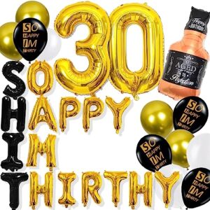 30th birthday decorations for him，black and gold so happy im thirty balloons banner and dirty 30 birthday decorations for men or him