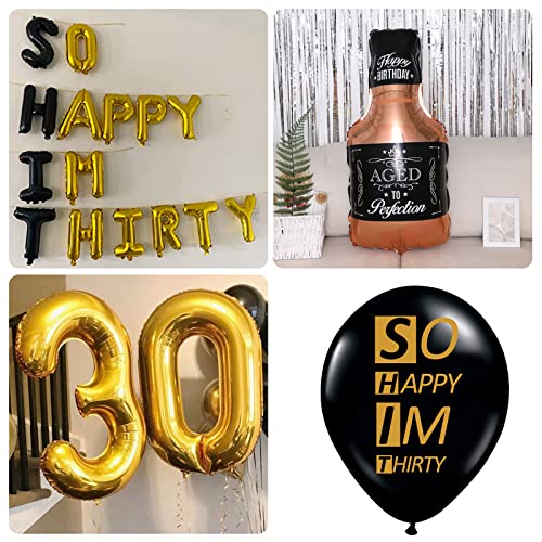 30th Birthday Decorations for Him，Black and Gold So Happy Im Thirty Balloons Banner and Dirty 30 Birthday Decorations for Men or Him