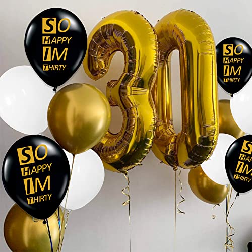 30th Birthday Decorations for Him，Black and Gold So Happy Im Thirty Balloons Banner and Dirty 30 Birthday Decorations for Men or Him