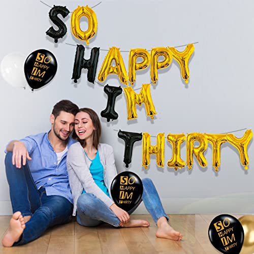 30th Birthday Decorations for Him，Black and Gold So Happy Im Thirty Balloons Banner and Dirty 30 Birthday Decorations for Men or Him