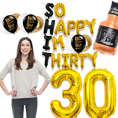 30th Birthday Decorations for Him，Black and Gold So Happy Im Thirty Balloons Banner and Dirty 30 Birthday Decorations for Men or Him