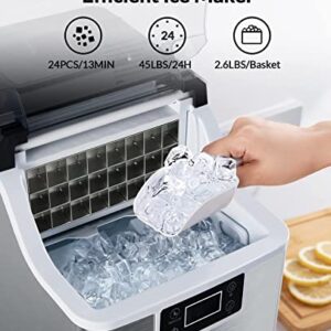 Silonn Ice Makers Countertop - 24Pcs Ice Cubes in 13 Min, 45lbs Per Day, 2 Ways to Add Water, Auto Self-Cleaning, Stainless Steel Ice Machine for Home Office Bar Party,Stainless Steel