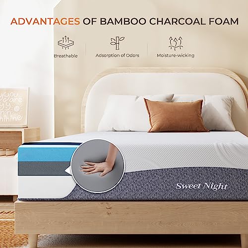 Sweetnight Twin Size Mattress, 10 Inch Bamboo Charcoal Cooling Gel Memory Foam Mattress for Moisture Wicking, Plush Foam Mattress for Comfy Sleep, Mattress in a Box, Luna, Gray+White