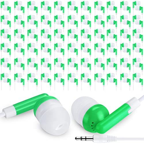 Yunsailing 100 Packs Earbuds Bulk Classroom Headphones Pack Individually Bagged 3.5 mm in-Ear Earphones with Wire for Students Adult Schools Hospitals Hotels Library Museums MP3 Gift (Green)