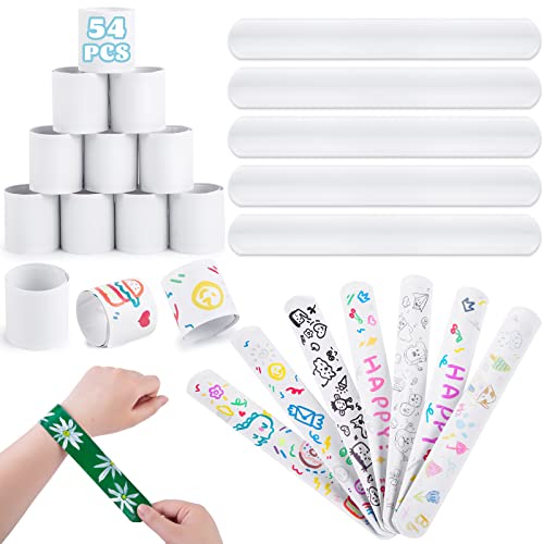 LOVESTOWN 54PCS Slap Bracelets White, Party Slap Bracelets DIY Wrist Bands Bulk Blank Snap Band for Kids Birthday Party Favors School Crafts