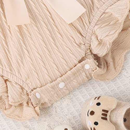 Douhoow Infant Baby Girl Plaid Romper Baby Short Sleeve Pleated Romper Bodysuit Summer Spring Outfits (Beige, 12-18 Months)